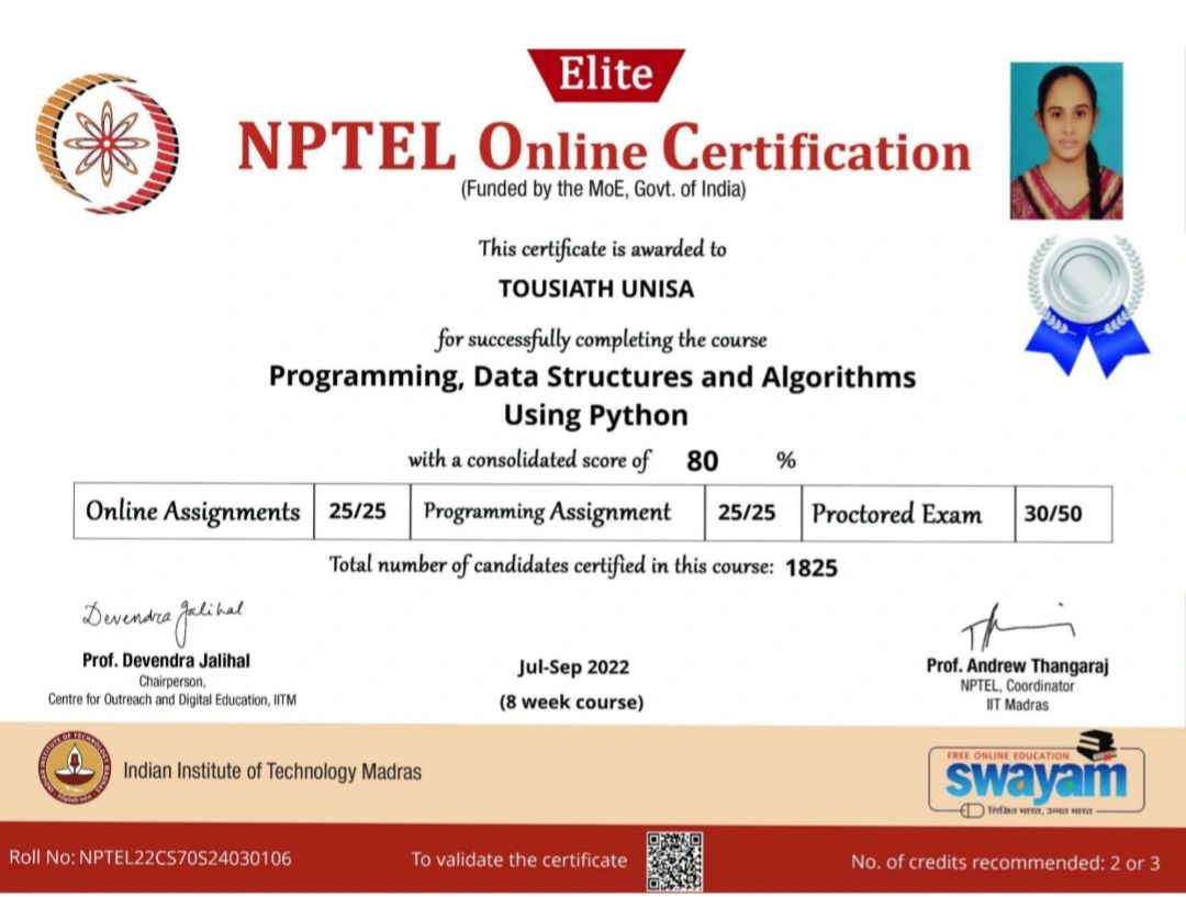 Amena Tousiath on LinkedIn: #nptel #python #datastructures #algorithms Amena Tousiath on LinkedIn: #nptel #python #datastructures #algorithms