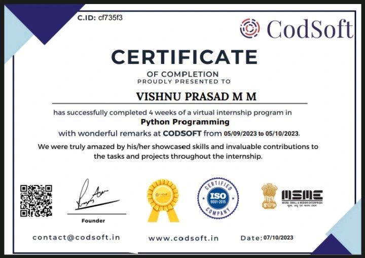 Vishnu prasad M M on LinkedIn: #python #internship #codingjourney #codsoft Vishnu prasad M M on LinkedIn: #python #internship #codingjourney #codsoft