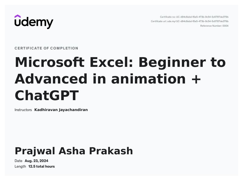 Completed Microsoft Excel course with ChatGPT | Prajwal Asha Prakash ... Completed Microsoft Excel course with ChatGPT | Prajwal Asha Prakash ...