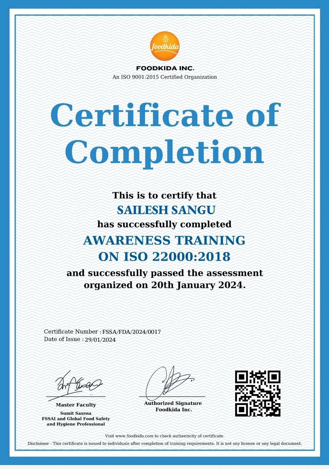 Completed ISO 22000 certification in food safety | sailesh sangu posted ... Completed ISO 22000 certification in food safety | sailesh sangu posted ...