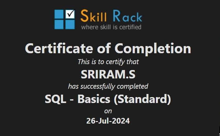 sriram S on LinkedIn: #sql #skillrack #certification #learningjourney sriram S on LinkedIn: #sql #skillrack #certification #learningjourney
