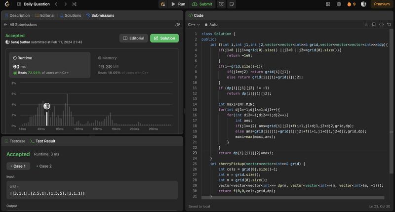 Daily LeetCode Challenge: Cherry Pickup II | Surajmal Suthar posted on ... Daily LeetCode Challenge: Cherry Pickup II | Surajmal Suthar posted on ...