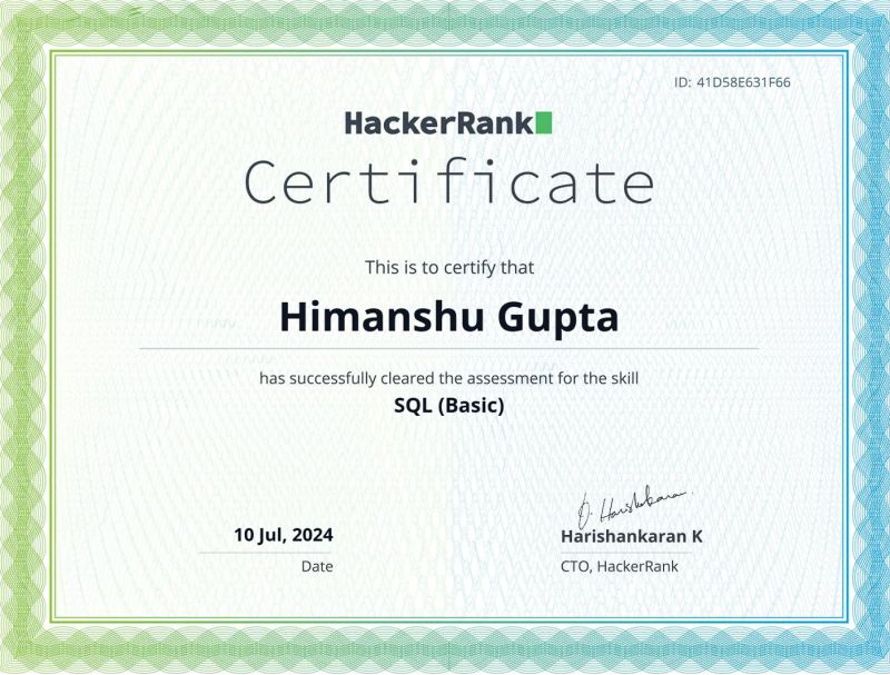Completed SQL certification on HackerRank! | Himanshu Gupta posted on ... Completed SQL certification on HackerRank! | Himanshu Gupta posted on ...