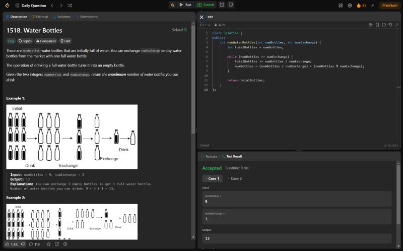 C++ solution for water bottles calculation | Vigash Kumar S posted on ... C++ solution for water bottles calculation | Vigash Kumar S posted on ...