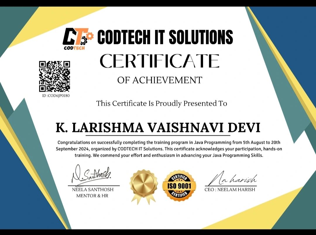 K. Larishma Vaishnavi Devi on LinkedIn: #java #techgrowth #programming ... K. Larishma Vaishnavi Devi on LinkedIn: #java #techgrowth #programming ...