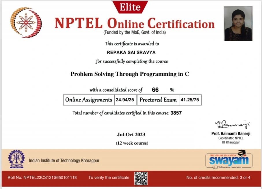 Repaka Sai Sravya on LinkedIn: #swayam #nptel #problem_solving_through ... Repaka Sai Sravya on LinkedIn: #swayam #nptel #problem_solving_through ...