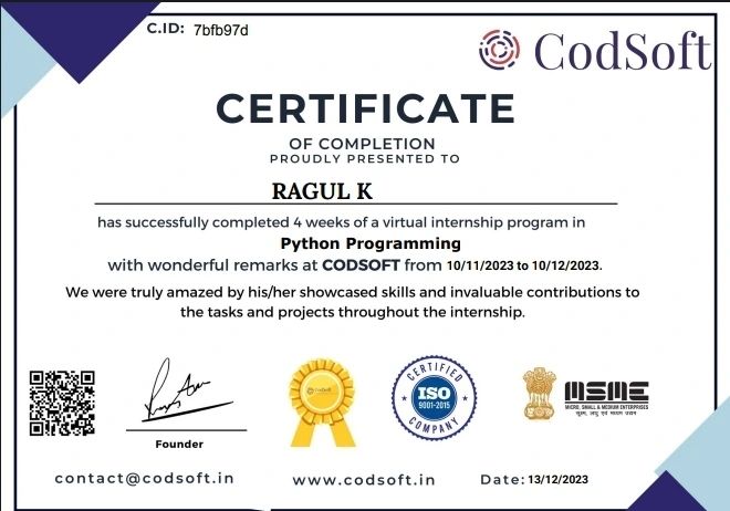 Ragul Krishnan on LinkedIn: #codsoft #codsoftinternship #cip #internship Ragul Krishnan on LinkedIn: #codsoft #codsoftinternship #cip #internship
