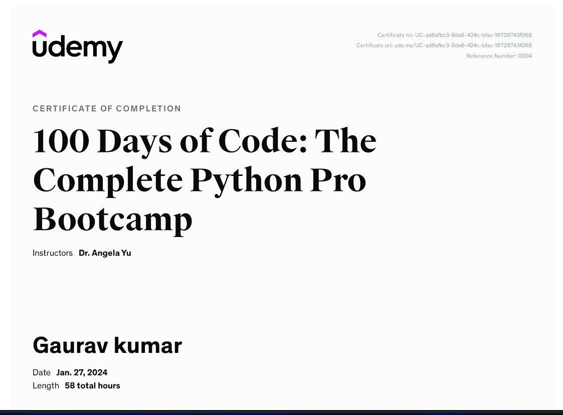 Completed Python Pro Bootcamp on Udemy | Gaurav Shahi posted on the ... Completed Python Pro Bootcamp on Udemy | Gaurav Shahi posted on the ...