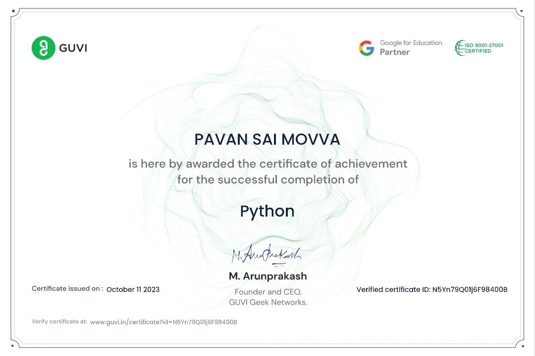 #python #coding #guvi #certificate #programmingjourney | Pavan Sai Movva #python #coding #guvi #certificate #programmingjourney | Pavan Sai Movva