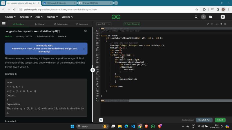 HashMap: Longest subarray with sum divisible by k | Dhanush B posted on ... HashMap: Longest subarray with sum divisible by k | Dhanush B posted on ...