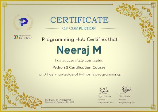 #pythonprogramming #certification | Neeraj M #pythonprogramming #certification | Neeraj M