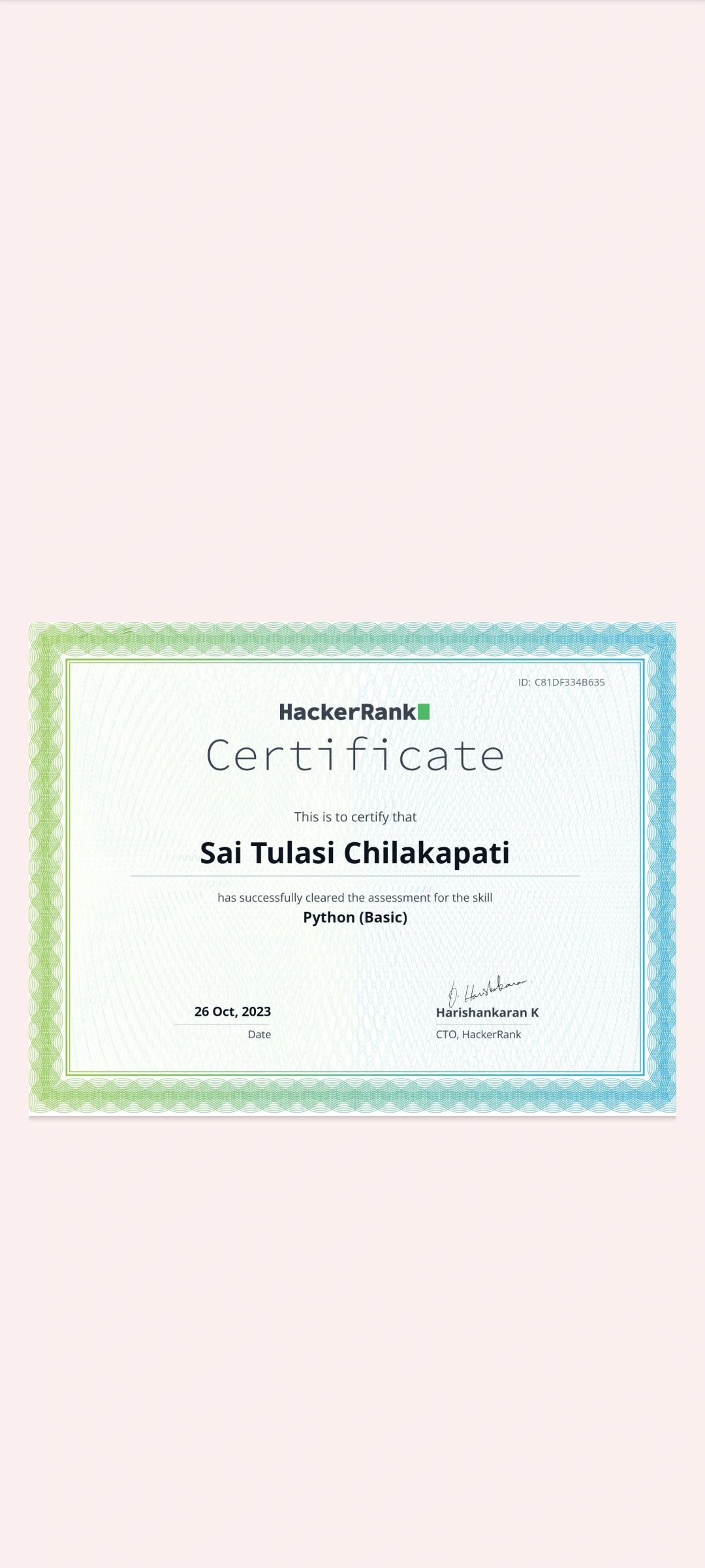 Sai tulasi Chilakapati on LinkedIn: #python #hackerrank #certification ... Sai tulasi Chilakapati on LinkedIn: #python #hackerrank #certification ...