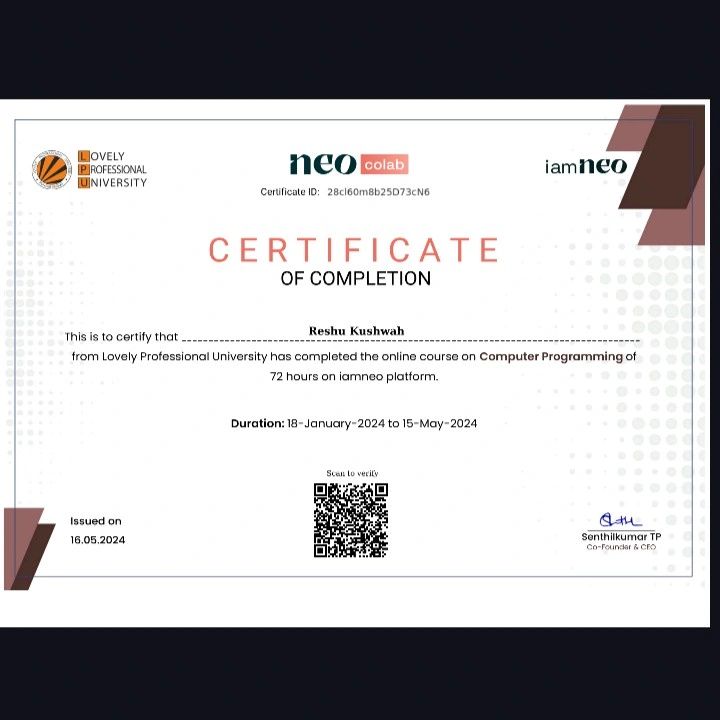 #iamneo #lpu #coding #lifelonglearning | Reshu Kushwah #iamneo #lpu #coding #lifelonglearning | Reshu Kushwah
