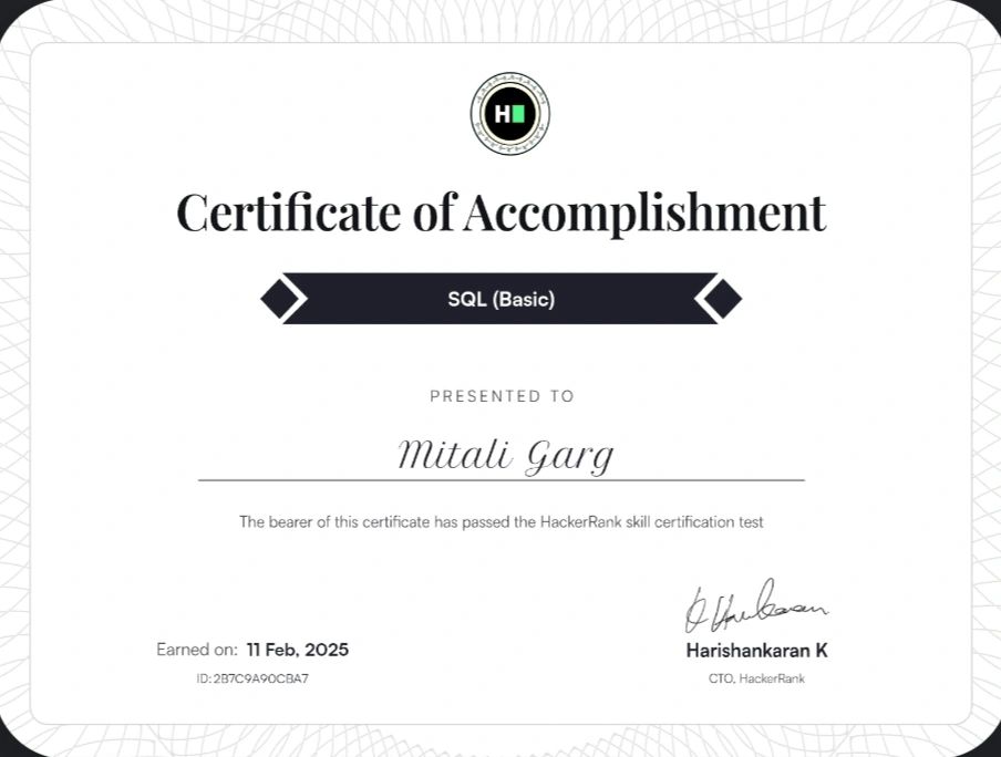 #sql #certification #continuouslearning #hackerrank | Mitali Garg #sql #certification #continuouslearning #hackerrank | Mitali Garg