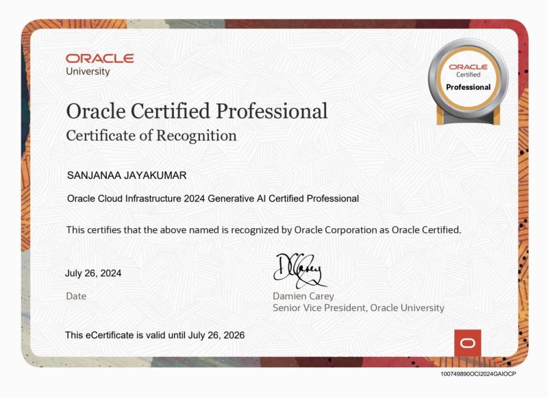 Sanjanaa J on LinkedIn: #oraclecloud #ai #generativeai #certification # ... Sanjanaa J on LinkedIn: #oraclecloud #ai #generativeai #certification # ...