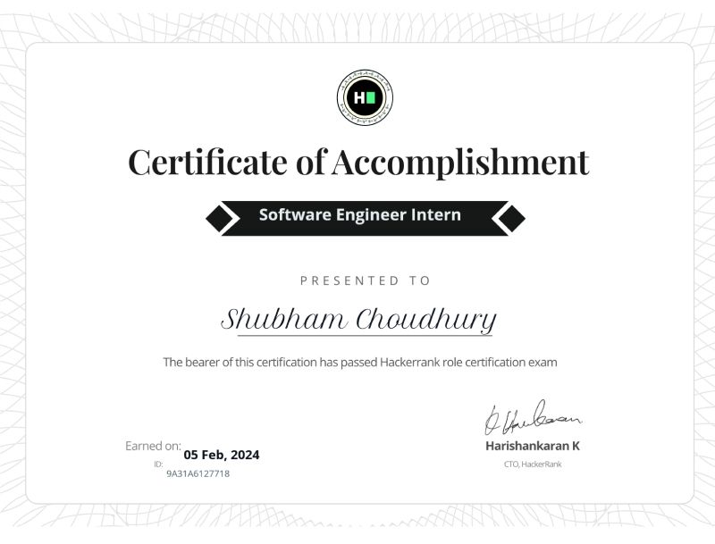 Passed HackerRank Software Engineer Intern certification! | SHUBHAM ... Passed HackerRank Software Engineer Intern certification! | SHUBHAM ...
