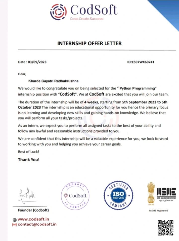 #internship #codsoftinternship #codsoft | Gayatri Kharde #internship #codsoftinternship #codsoft | Gayatri Kharde
