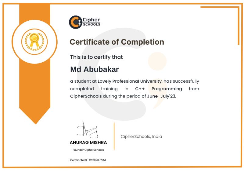 Md Abubakar on LinkedIn: #cipherschools #cplusplus #programming #opentowork Md Abubakar on LinkedIn: #cipherschools #cplusplus #programming #opentowork