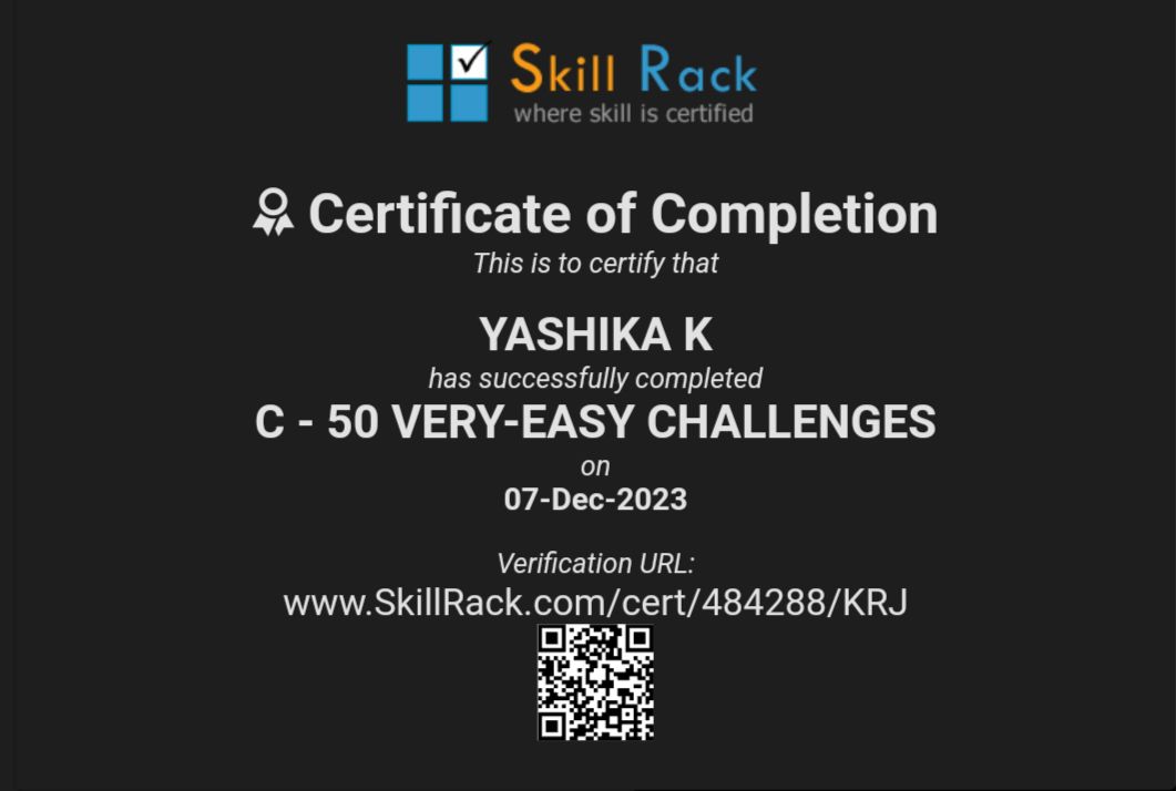 Yashika Kannan on LinkedIn: #skillrackcertificate #continuouslearning Yashika Kannan on LinkedIn: #skillrackcertificate #continuouslearning