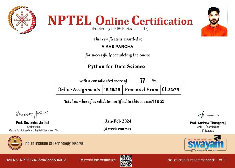 Earned NPTEL certificate in data science | vikas paroha posted on the ... Earned NPTEL certificate in data science | vikas paroha posted on the ...