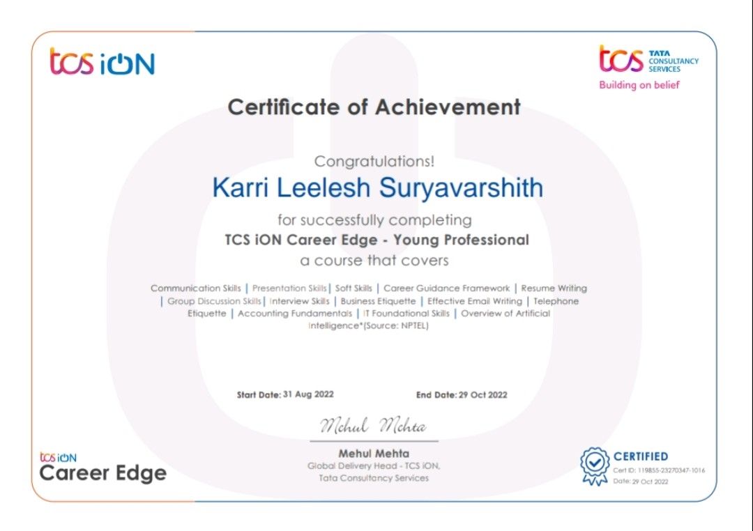 leelesh surya Varshith karri on LinkedIn: #tcsion #certification # ... leelesh surya Varshith karri on LinkedIn: #tcsion #certification # ...