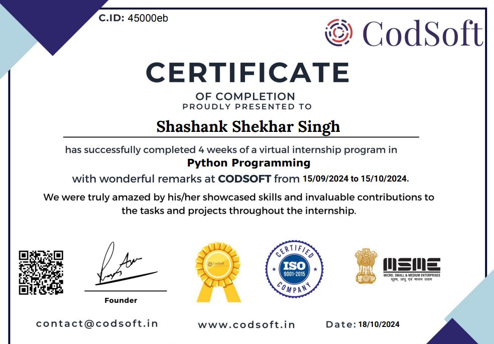 shashank shekhar singh on LinkedIn: #python #codsoft #cip shashank shekhar singh on LinkedIn: #python #codsoft #cip