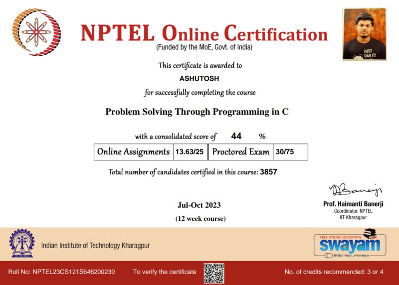 Ashutosh Mahindrakar on LinkedIn: #nptel #cprogramming #problemsolving ... Ashutosh Mahindrakar on LinkedIn: #nptel #cprogramming #problemsolving ...