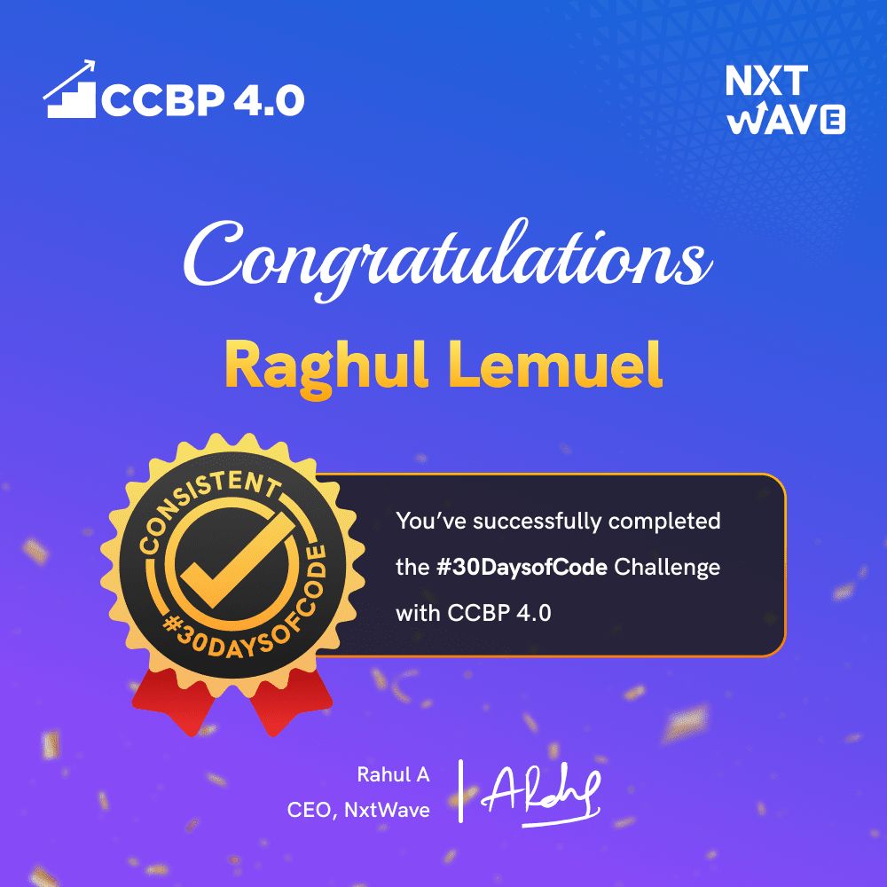 Raghul Lemuel on LinkedIn: #30daysofcode #ccbp #30daysofcode ... Raghul Lemuel on LinkedIn: #30daysofcode #ccbp #30daysofcode ...