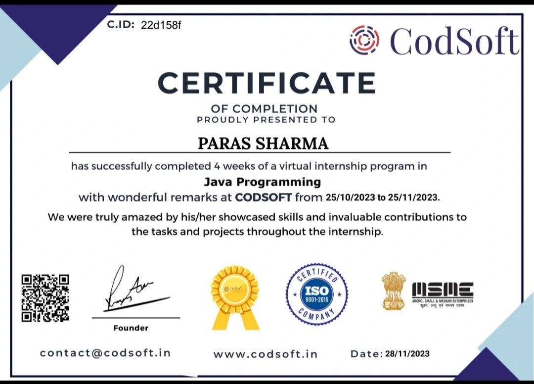 Paras Sharma on LinkedIn: #java #codsoft Paras Sharma on LinkedIn: #java #codsoft