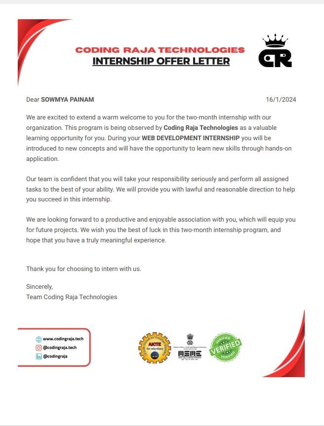 Sowmya Painam on LinkedIn: Internship Offer Letter Coding Raja Technologies Sowmya Painam on LinkedIn: Internship Offer Letter Coding Raja Technologies