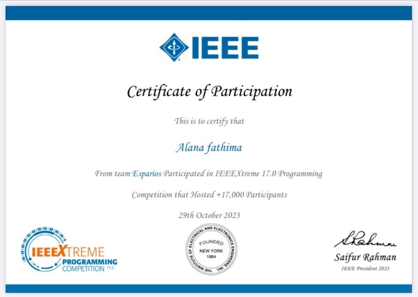 Alana Fathima Shajil Moan on LinkedIn: #ieee #coding #ieeextreme17 Alana Fathima Shajil Moan on LinkedIn: #ieee #coding #ieeextreme17