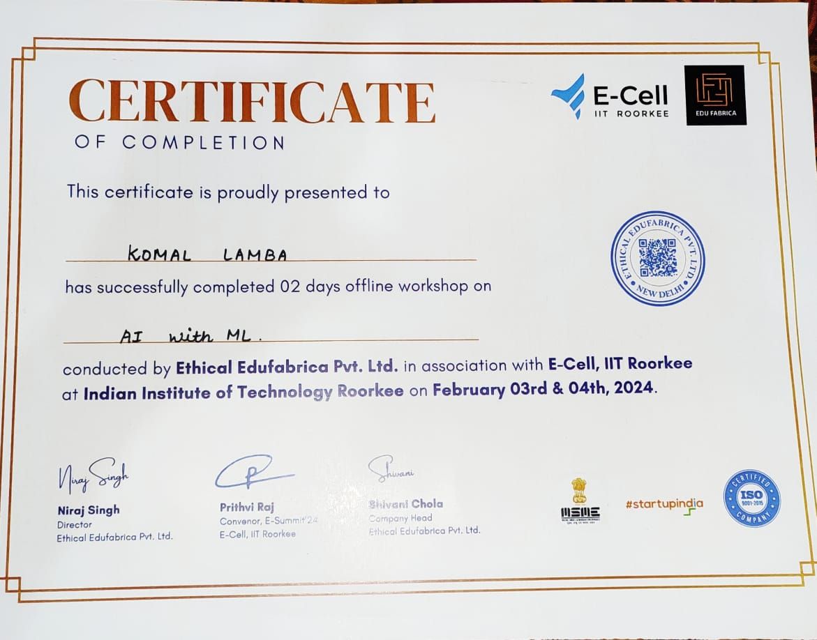 Passed AI with ML workshop at IIT Roorkee | Komal Lamba posted on the ... Passed AI with ML workshop at IIT Roorkee | Komal Lamba posted on the ...