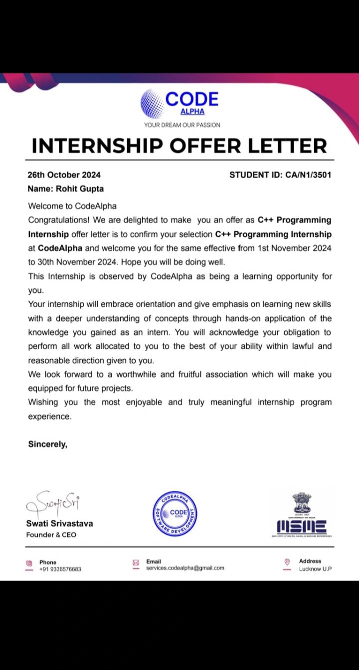 Rohit Gupta on LinkedIn: #codealpha #internship #c #programming # ... Rohit Gupta on LinkedIn: #codealpha #internship #c #programming # ...