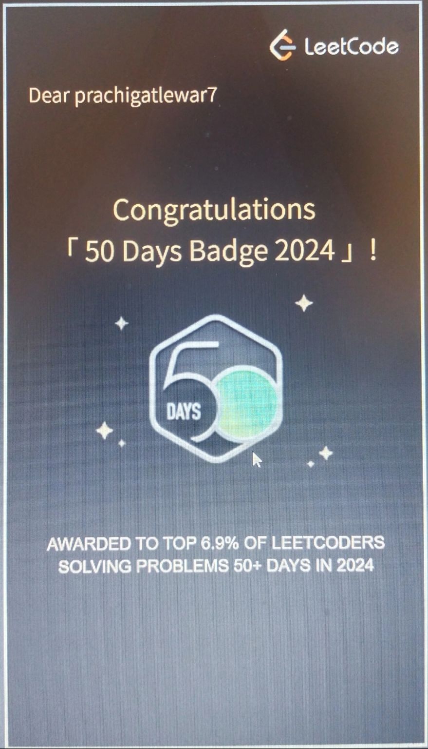 Received 50 days coding challenge on LeetCode | Prachi Gatlewar posted ... Received 50 days coding challenge on LeetCode | Prachi Gatlewar posted ...