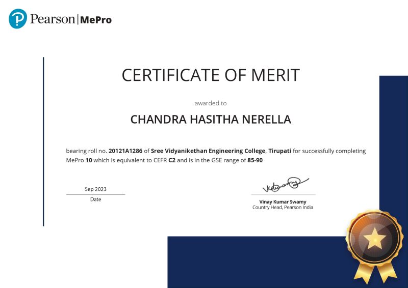 Nerella Chandra Hasitha on LinkedIn: #mepro #pearson Nerella Chandra Hasitha on LinkedIn: #mepro #pearson