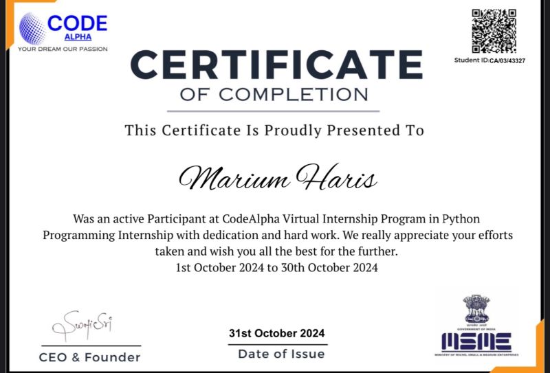 Marium Haris on LinkedIn: #python #internship #learning #codealpha # ... Marium Haris on LinkedIn: #python #internship #learning #codealpha # ...
