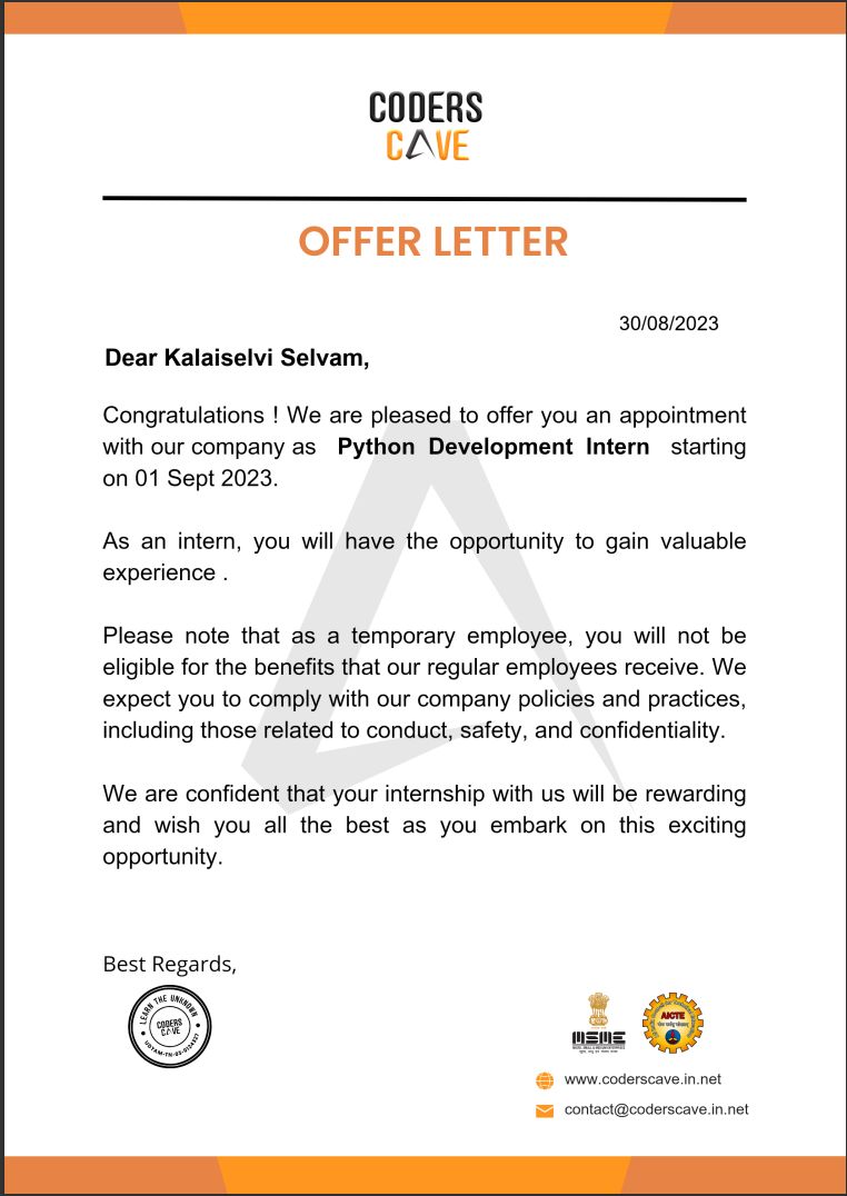 Kalaiselvi Selvam on LinkedIn: #coderscave #pythondeveloper #internship ... Kalaiselvi Selvam on LinkedIn: #coderscave #pythondeveloper #internship ...