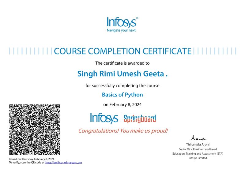 Finished Python course with Infosys Springboard | Rimi Singh posted on ... Finished Python course with Infosys Springboard | Rimi Singh posted on ...