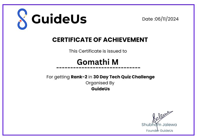 Gomathi M on LinkedIn: #achievement #techquiz #guideus #learningjourney ... Gomathi M on LinkedIn: #achievement #techquiz #guideus #learningjourney ...