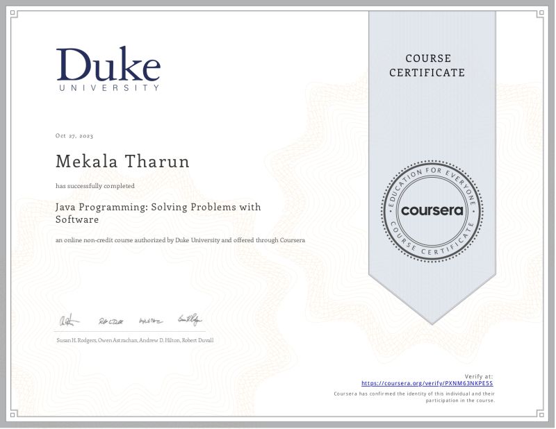 Tharun Mekala on LinkedIn: #javaprogramming #courseracertificate # ... Tharun Mekala on LinkedIn: #javaprogramming #courseracertificate # ...