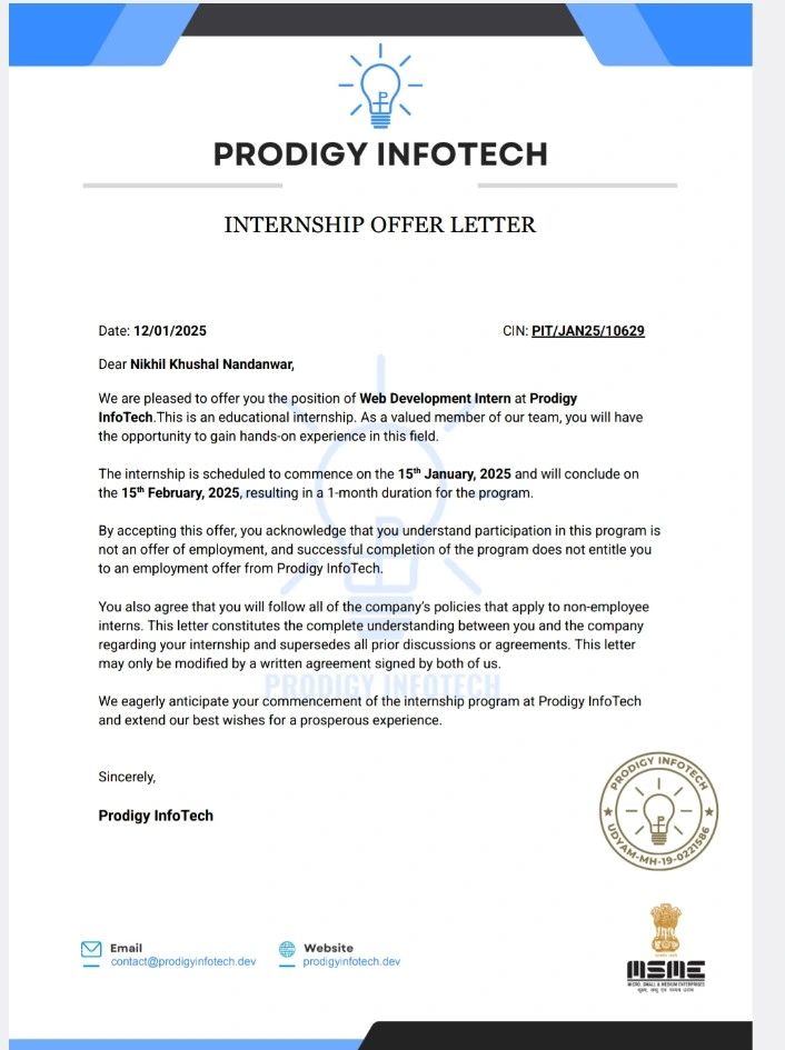 Internship Offer Letter by PRODIGY INFOTECH | NIKHIL NANDANWAR Internship Offer Letter by PRODIGY INFOTECH | NIKHIL NANDANWAR