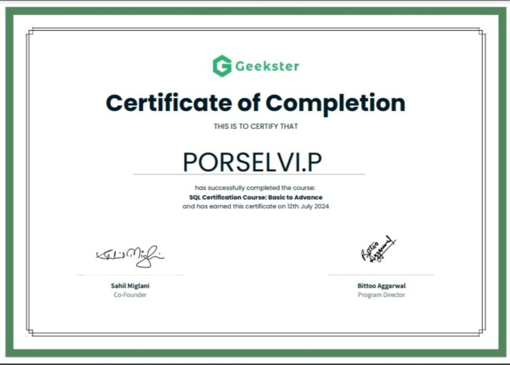 Completed SQL Certification Course on Geekster | Porselvi P posted on ... Completed SQL Certification Course on Geekster | Porselvi P posted on ...