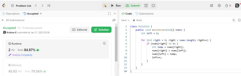 #leetcode #100daysofleetcode #java #problemsolving #movezeroes… | Krishna K #leetcode #100daysofleetcode #java #problemsolving #movezeroes… | Krishna K
