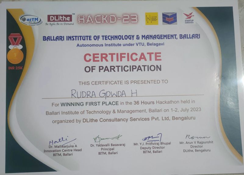 Rudra Gowda H on LinkedIn: #hackathon #firstplace #techinnovation Rudra Gowda H on LinkedIn: #hackathon #firstplace #techinnovation