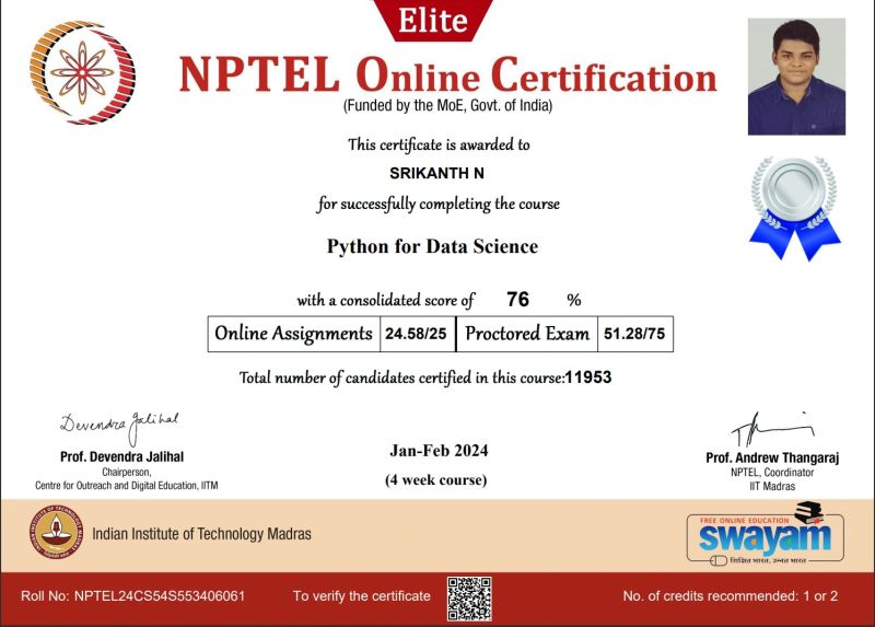 #python #pythonfordatascience #certification #nptel #iitmadras | Srikanth N #python #pythonfordatascience #certification #nptel #iitmadras | Srikanth N