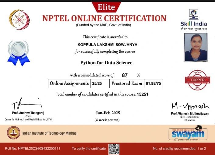 #nptel #python #datascience #elite #pragati #pec | Lakshmi sowjanya koppula #nptel #python #datascience #elite #pragati #pec | Lakshmi sowjanya koppula