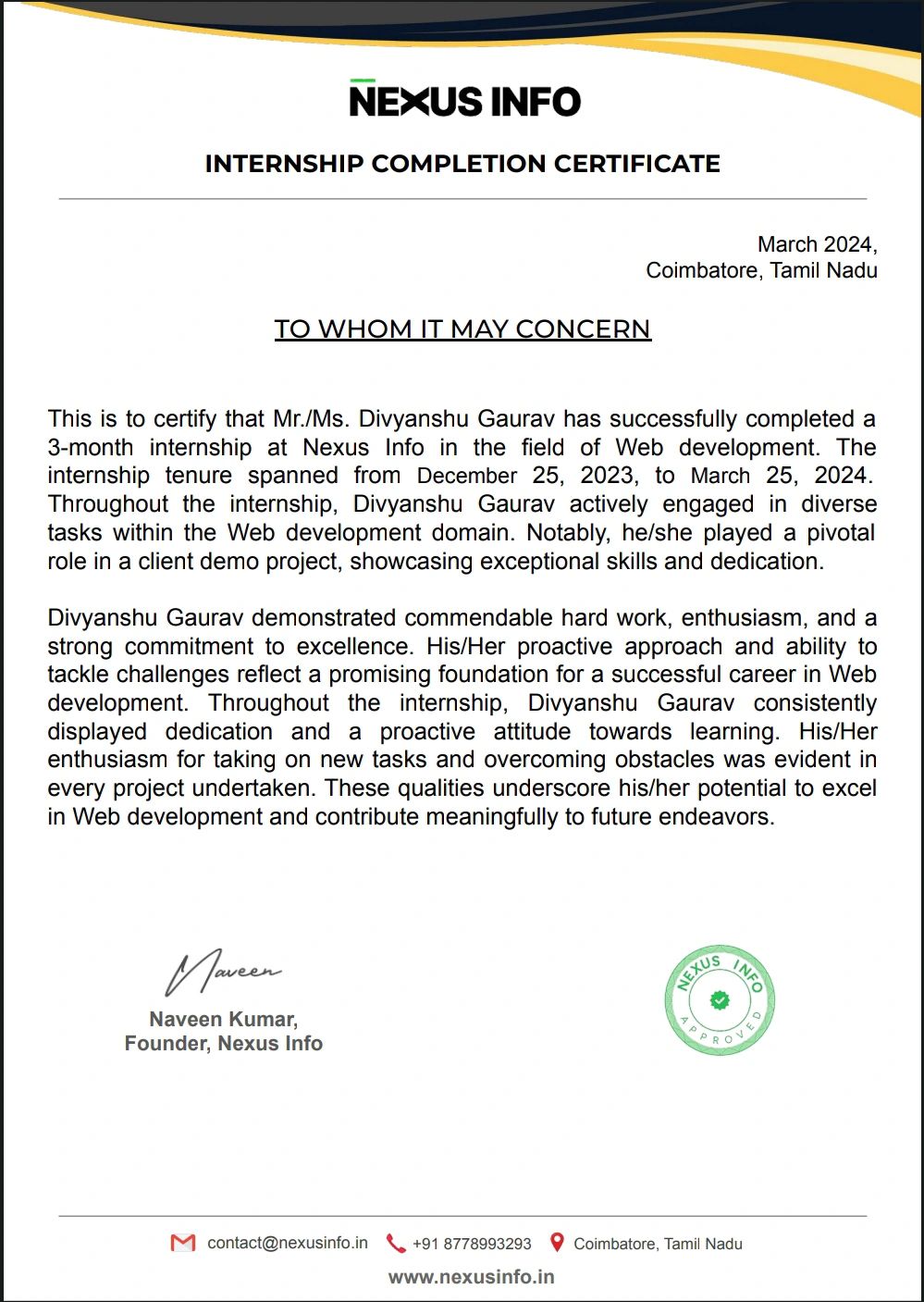 Internship Completion certificate | Divyanshu Gaurav Internship Completion certificate | Divyanshu Gaurav