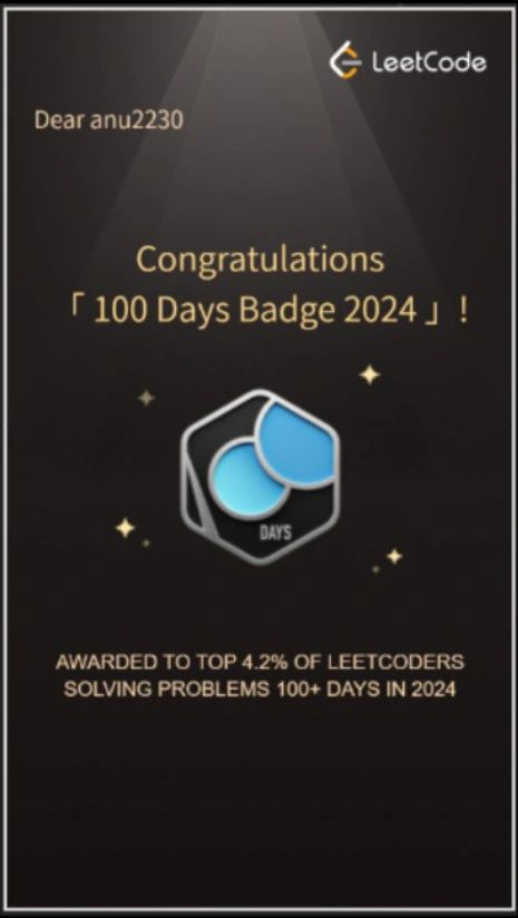 Anushka Srivastava on LinkedIn: Earned 100 Days Badge 2024 on LeetCode ... Anushka Srivastava on LinkedIn: Earned 100 Days Badge 2024 on LeetCode ...