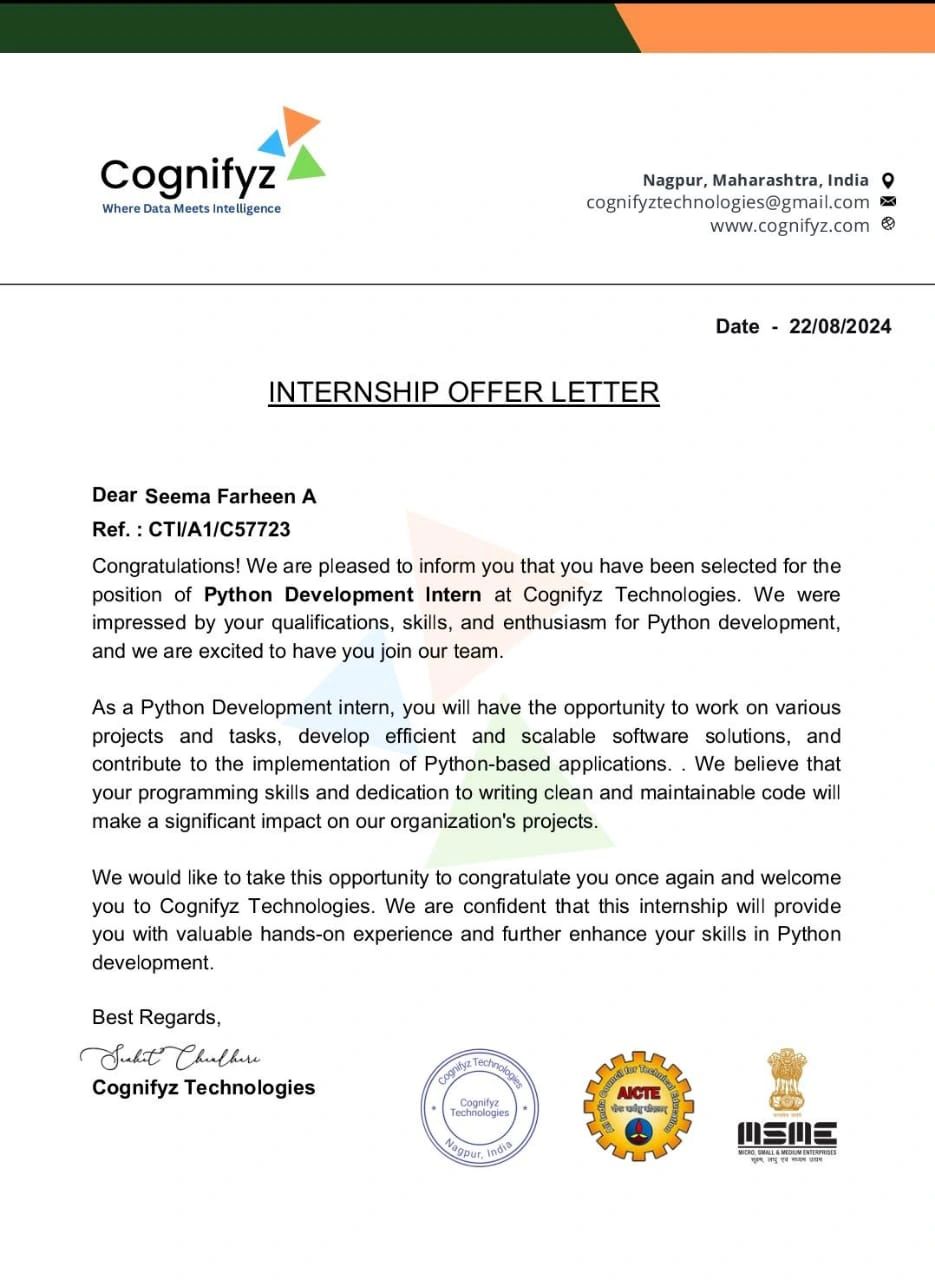 Seema Farheen on LinkedIn: #python #internship #grateful # ... Seema Farheen on LinkedIn: #python #internship #grateful # ...