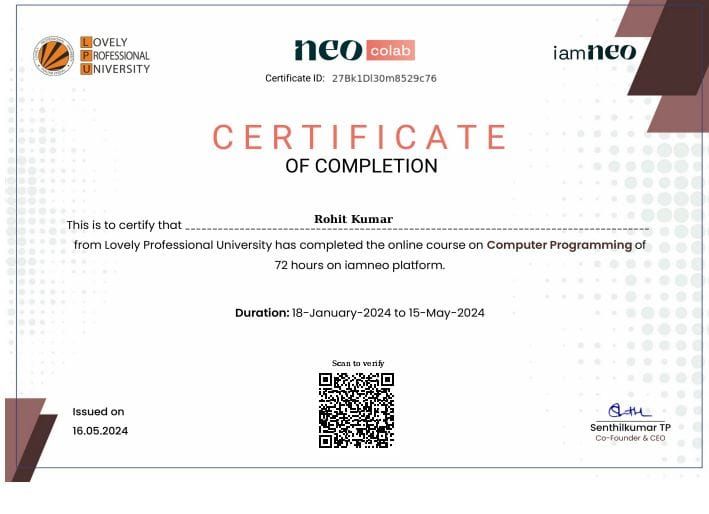 Completed a course on computer programming by iamneo | Rohit Kumar ... Completed a course on computer programming by iamneo | Rohit Kumar ...